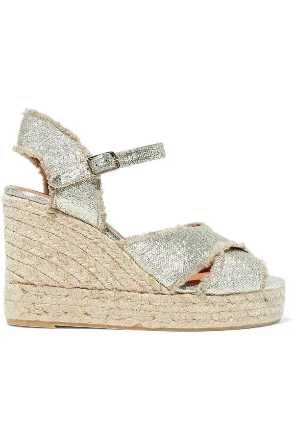 CastañEr Bromelia Frayed Metallic Canvas Wedge Espadrille