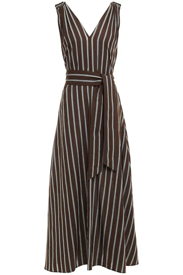 Brunello Cucinelli Belted Bead-Embellished Striped Cotton Midi Dress Size  In Brown - 62% Off | Editorialist