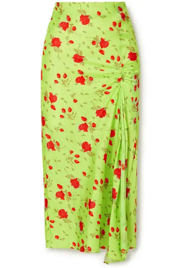 De La Vali Caroline Ruched Neon Floral-Print Satin Midi Skirt In