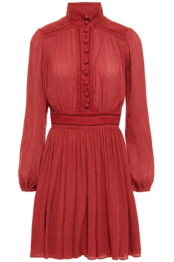 Zimmermann Espionage Linen-Trimmed Pliss Swiss-Dot Chiffon Mini Dress Size  In Brick - 50% Off | Editorialist