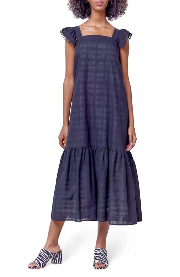 Corey Lynn Calter Martina Flutter Sleeve Tiered Midi Dress - Navy |  Editorialist