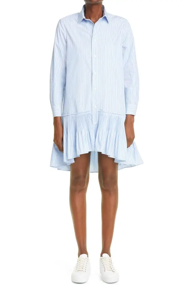 Red Valentino Stripe Ruffle High/Low Long Sleeve Shirtdress - Blue ...