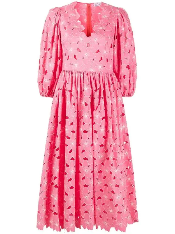valentino laser cut dress Red Valentino Laser-Cut Floral Midi Dress - Pink