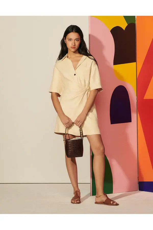 sandro short draped dress Sandro Short-Sleeved Short Draped Dress In Neutral - 40% Off