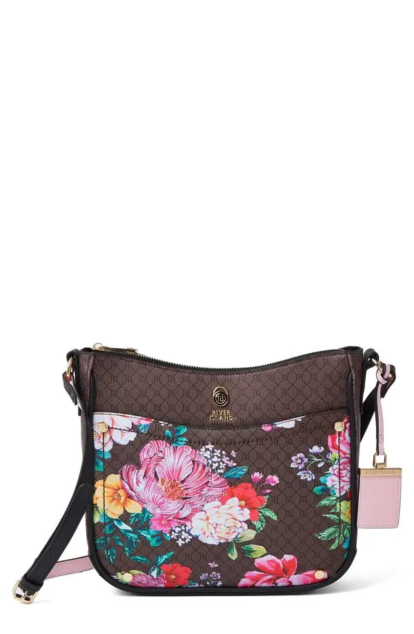 RIVER ISLAND Floral Monogram Structured Messenger Bag - Brown ...
