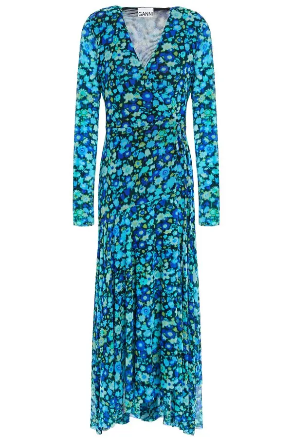 Ganni Floral-Print Stretch-Mesh Maxi Wrap Dress In Turquoise - 70% Off |  Editorialist