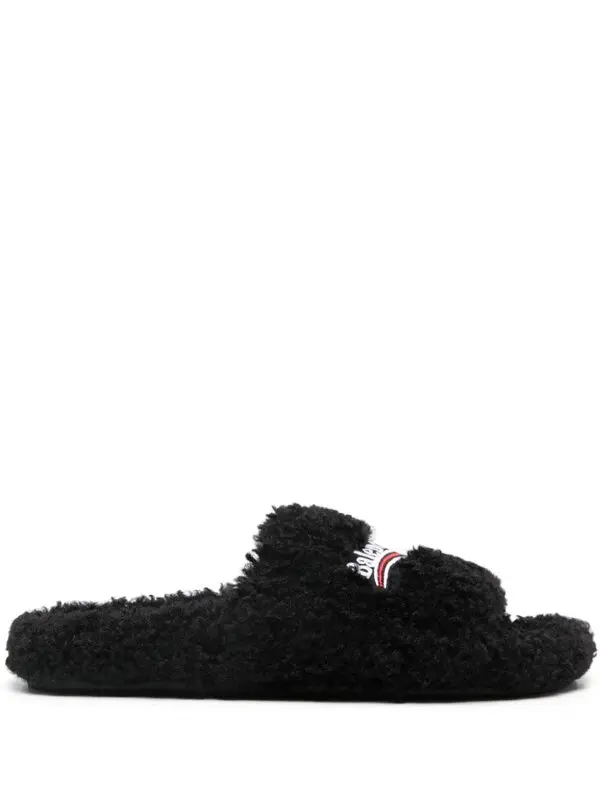 Buy Balenciaga Campaign-logo Faux-shearling Slides - Black  display picture 2
