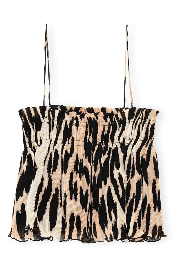 GANNI Leopard Print Pleated Camisole - Beige | Editorialist