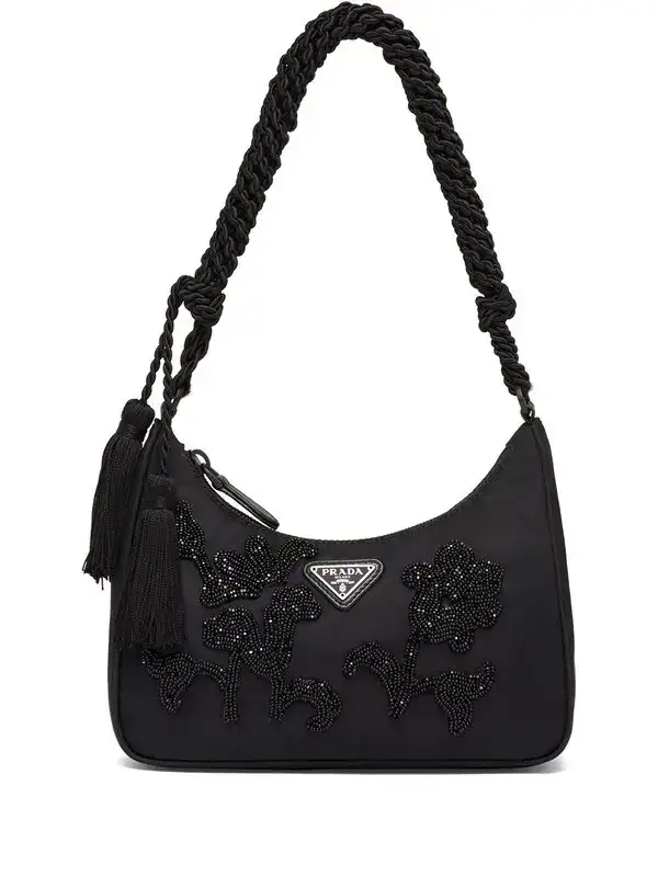 Prada Re-Edition Bead-Embellished Shoulder Bag - Black | Editorialist
