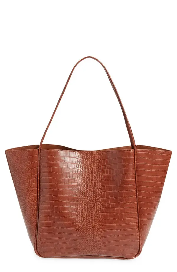 STREET LEVEL Croc Embossed Faux Leather Tote - Brown | Editorialist