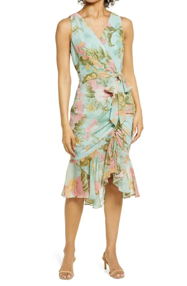 Eliza J Floral Wrap Front Sleeveless Dress - Mint Multi | Editorialist