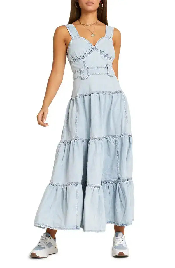 river island white denim dress River Island Denim Fitted Shell Button Midi Dress - White