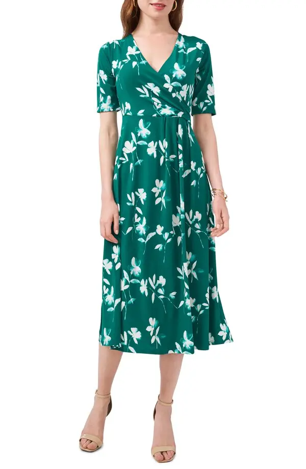 Chaus Floral Prtin Faux Wrap Midi Dress - Green Clove | Editorialist