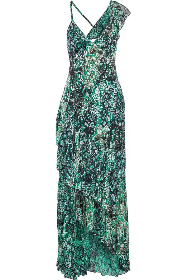 Alice + Olivia Shanel Asymmetric Ruffled Snake-Print Burnout Crepe De Chine  Maxi Dress In Emerald - 70% Off | Editorialist