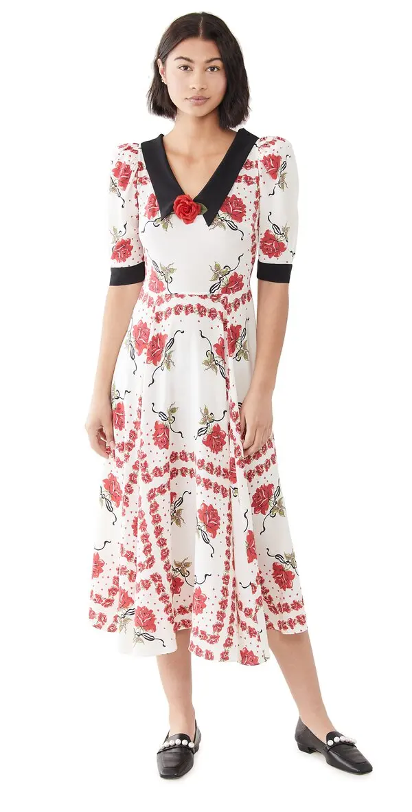 RODARTE Rose Printed Silk Dress With Collar - Red | Editorialist