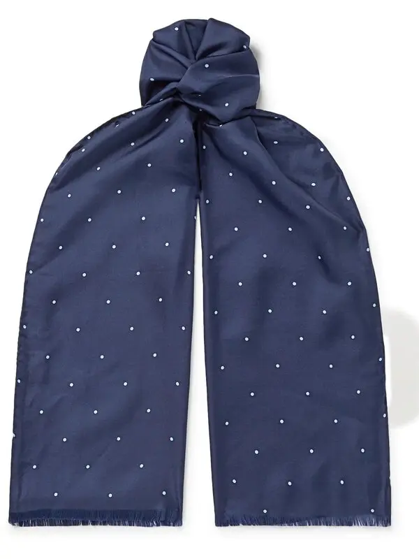 Oliver Spencer Fringed Polka-Dot Silk-Twill Scarf In Blue 50