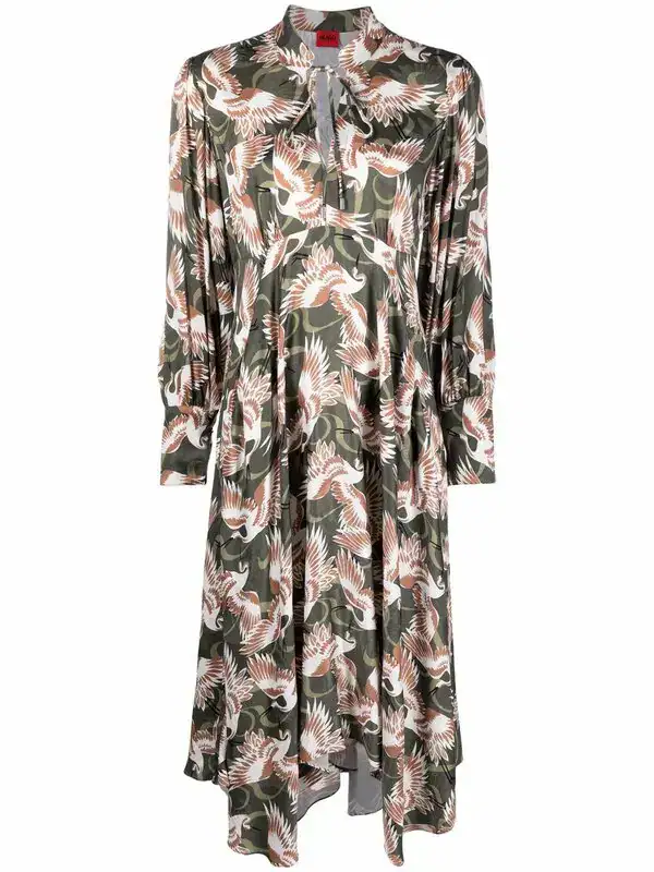 green bird print dress ZAPAKA Women Dark Green Wedding Guest Dress with Slit Spaghetti Straps Ruffles Bridesmaid Dress, chiffon color / US18W main image 0