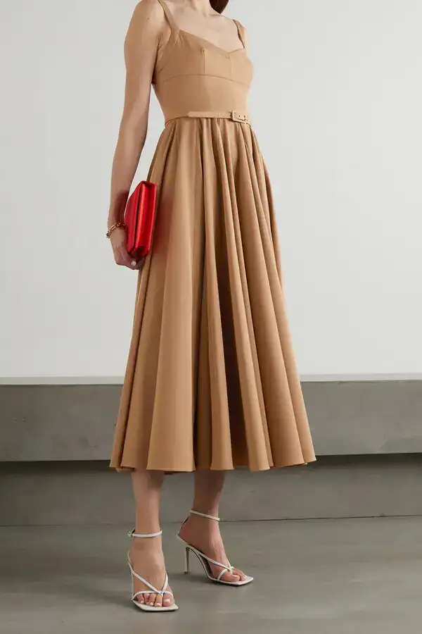 Emilia Wickstead Elita Belted Pleated Stretch-Cady Midi Dress In Neutrals -  60% Off | Editorialist