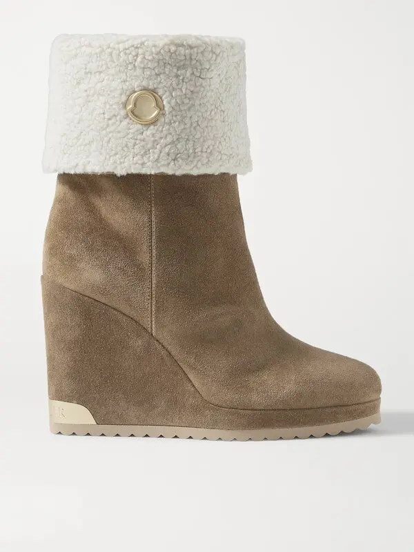 Moncler W Short Suede Wedge Ankle Boots - Brown
