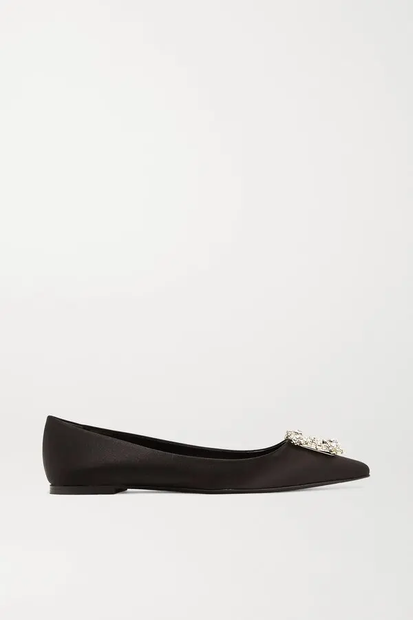 Roger Vivier Crystal-Embellished Satin Point-Toe Flats Black