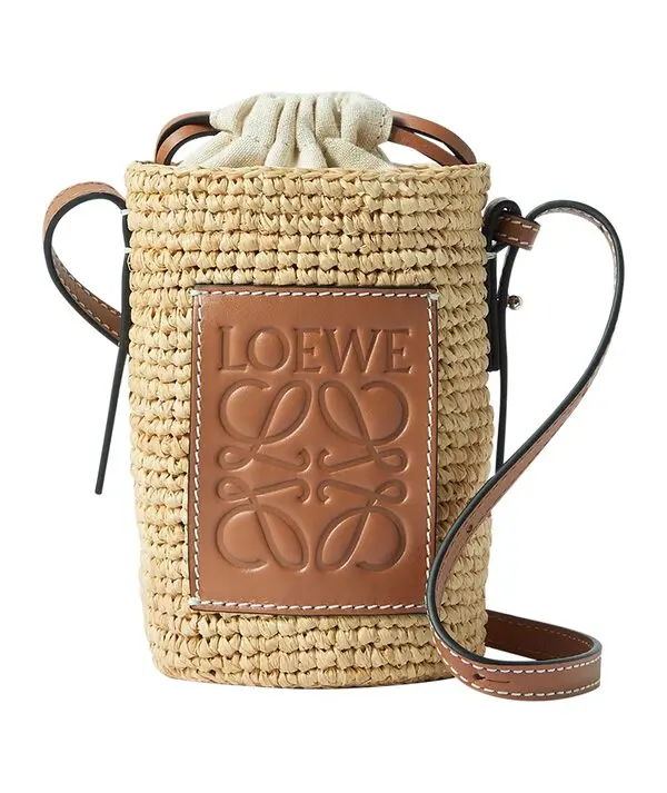 paula's ibiza leather trimmed woven raffia and hemp bucket bag