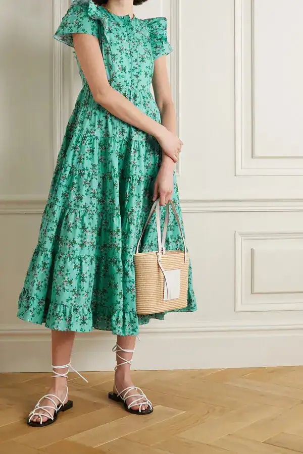 Cefinn Sawyer Ruffled Tiered Floral-Print Cotton Midi Dress - Green |  Editorialist