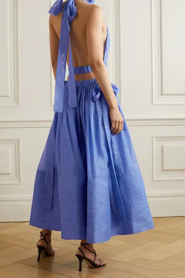 Zimmermann Luminous Gathered Linen And Silk-Blend Halterneck Maxi Dress In  Blue - 50% Off | Editorialist