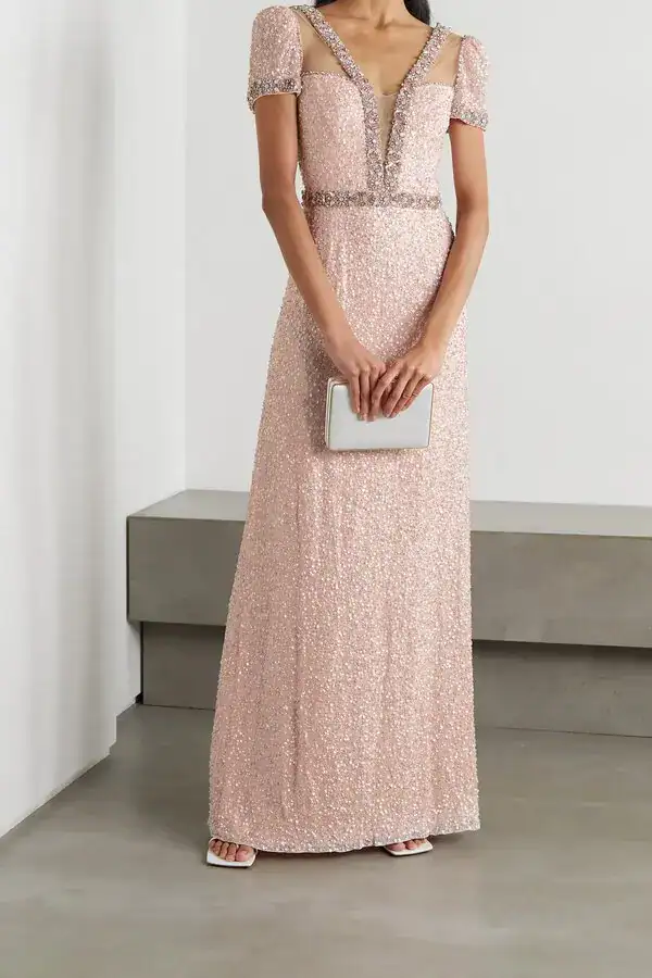 Jenny Packham Pastel Love Embellished Tulle-Trimmed Georgette Gown