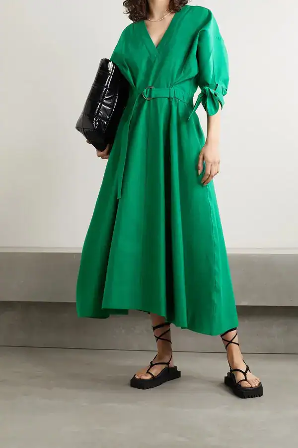 3.1 Phillip Lim Tie-Detailed Belted Cotton-Blend Midi Dress In Green - 30%  Off | Editorialist