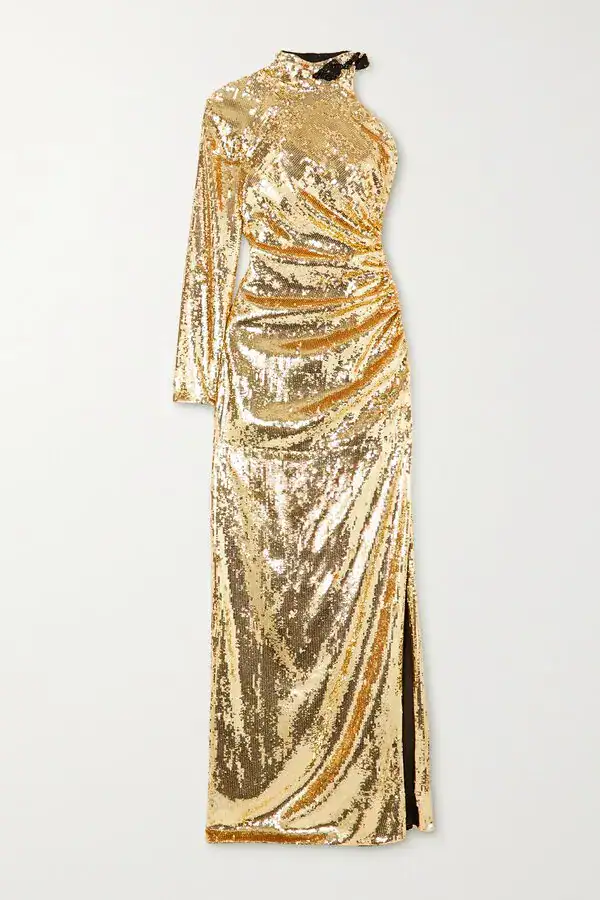 Dundas One-Sleeve Bead-Embellished Sequinned Organza Gown In Gold - 70% Off  | Editorialist