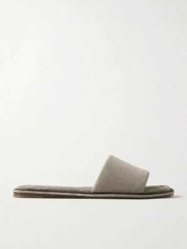 Brunello Cucinelli Bead-embellished Suede Slides - Brown