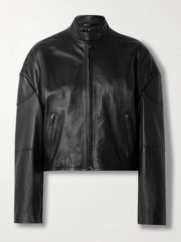 Acne Studios Cropped Leather Biker Jacket In Black 63% Off