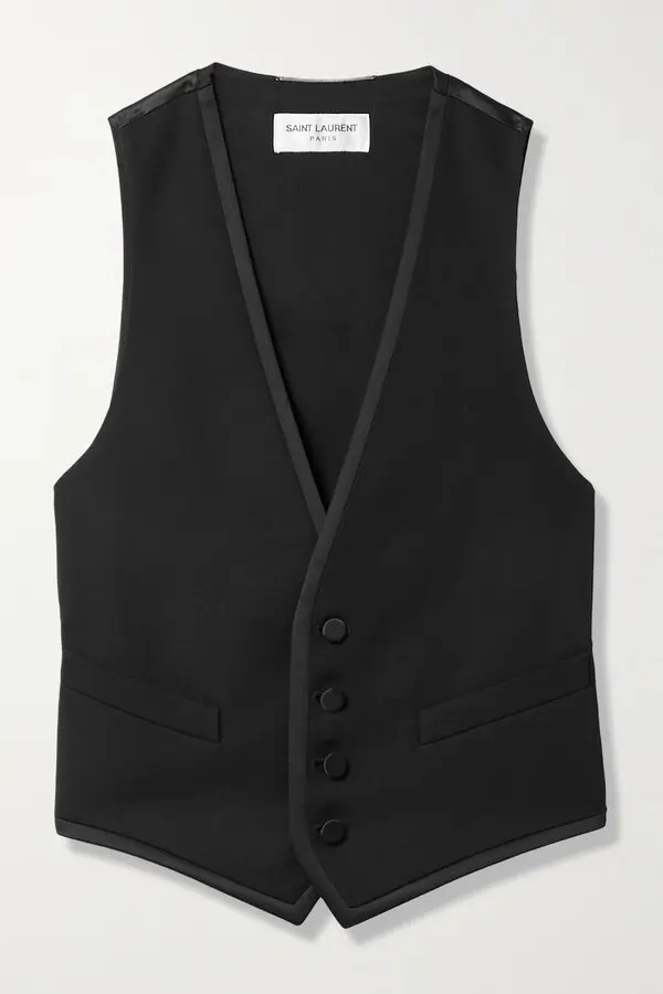 Saint Laurent Cropped Grain De Poudre Wool And Silk-satin Vest