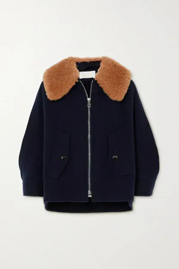 Chloé Convertible Shearling-Trimmed Wool-Blend Jacket Blue