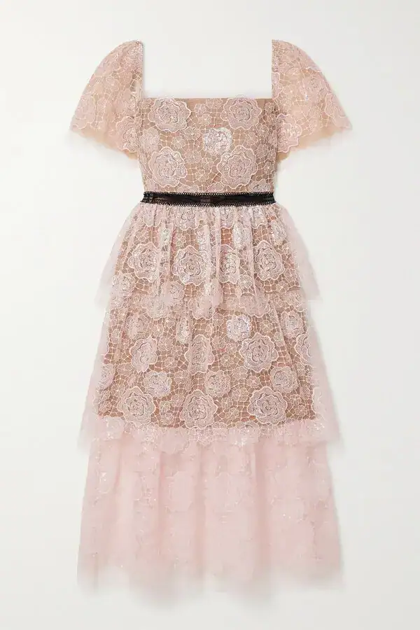 Self-Portrait Crochet-Trimmed Sequin-Embellished Corded Lace Midi Dress In  Pink - 60% Off | Editorialist
