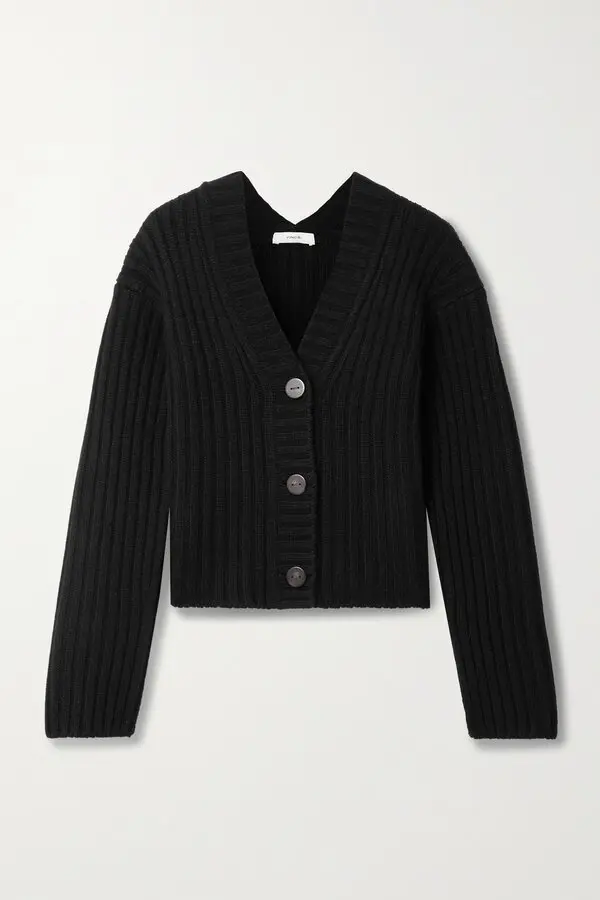 Vince Cropped Ribbed Wool And Cashmere-Blend Cardigan In Black