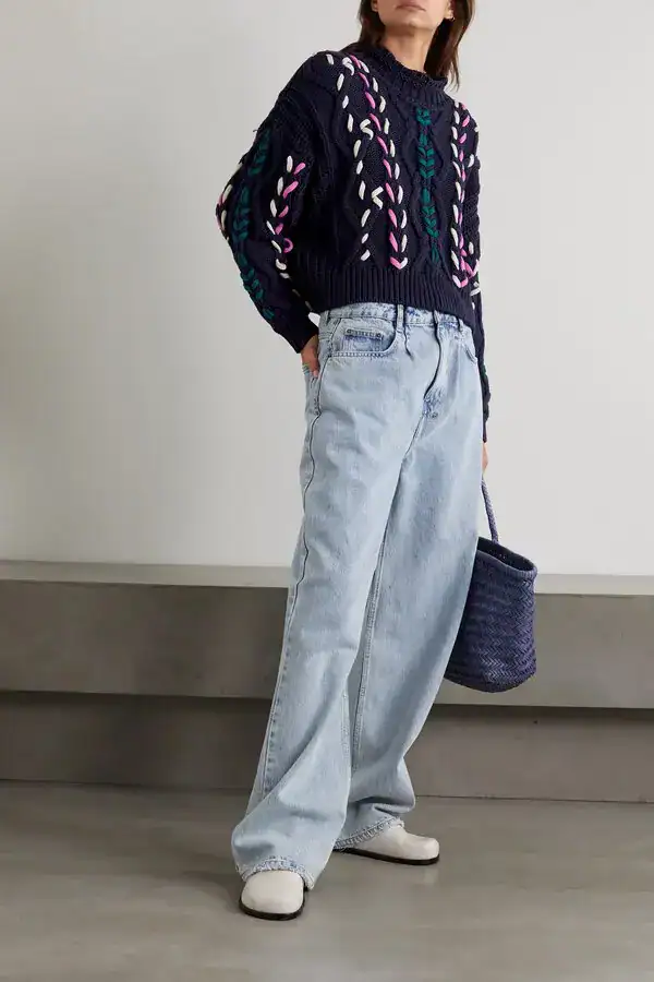 Isabel Marant Zola Embroidered Cable-Knit Sweater In Blue 60