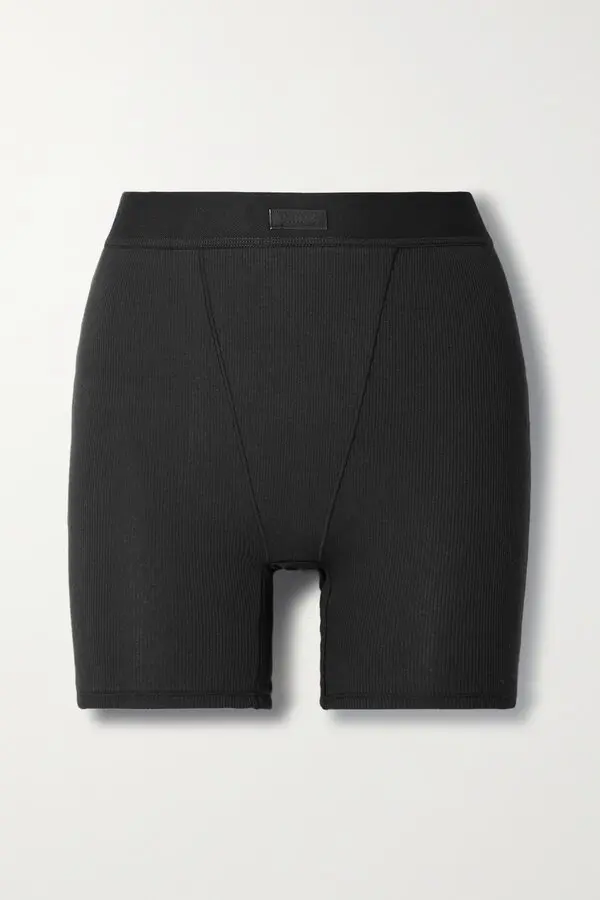 SKIMS Cotton Collection Ribbed Cotton-blend Jersey Boxer Shorts - Black