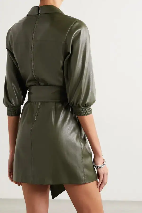 Alice + Olivia Maureen Wrap-Effect Belted Vegan Leather Mini Dress In Green  - 40% Off | Editorialist