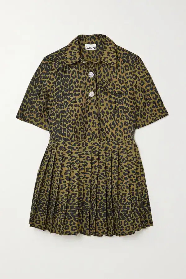Ganni Crystal-Embellished Pleated Leopard Jacquard Mini Dress In Animal  Print - 30% Off | Editorialist