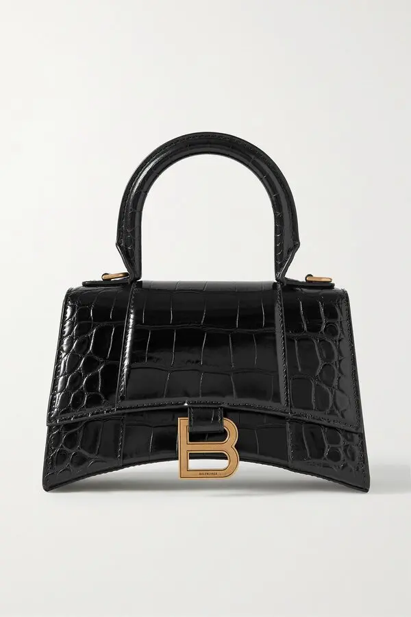 Balenciaga Hourglass Xs Croc-effect Leather Tote - Black