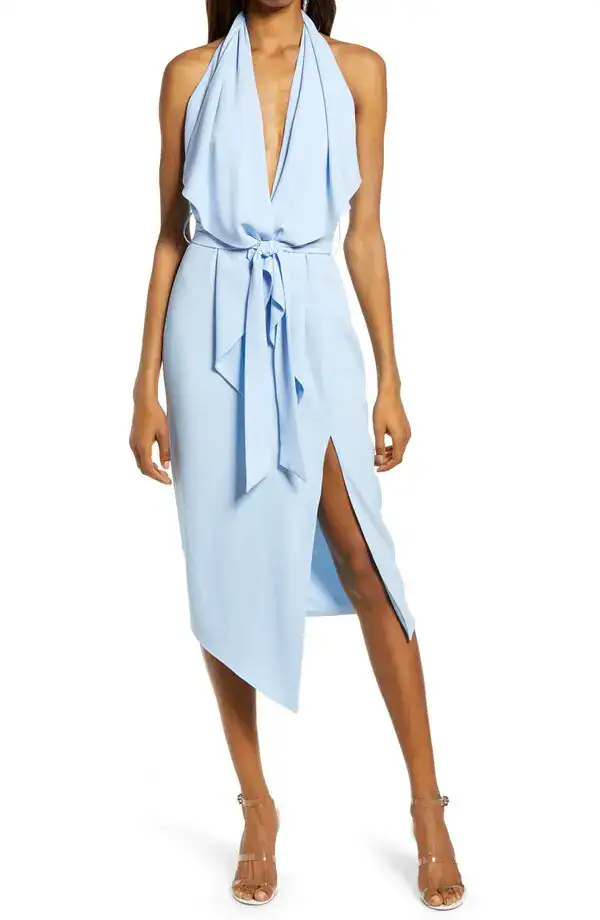 Misha Collection Lorena Plunge Halter Cocktail - Heather Blue | Editorialist