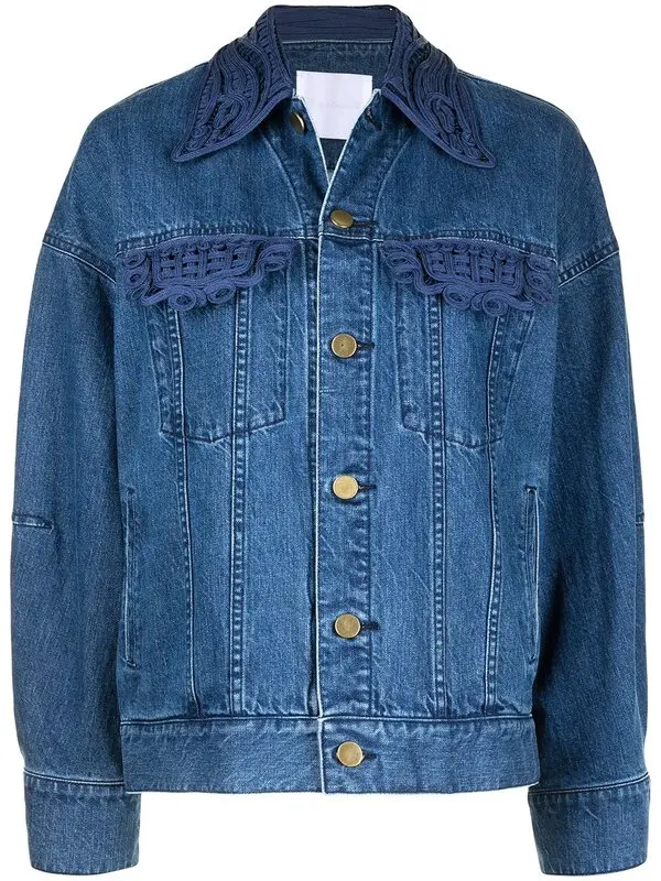 Mame Kurogouchi Embroidered Collar Denim Jacket In Blue - 44
