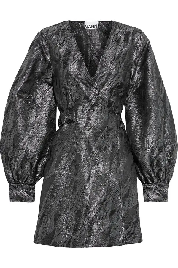 ganni jacquard mini wrap dress Ganni Jacquard Wrap Dress