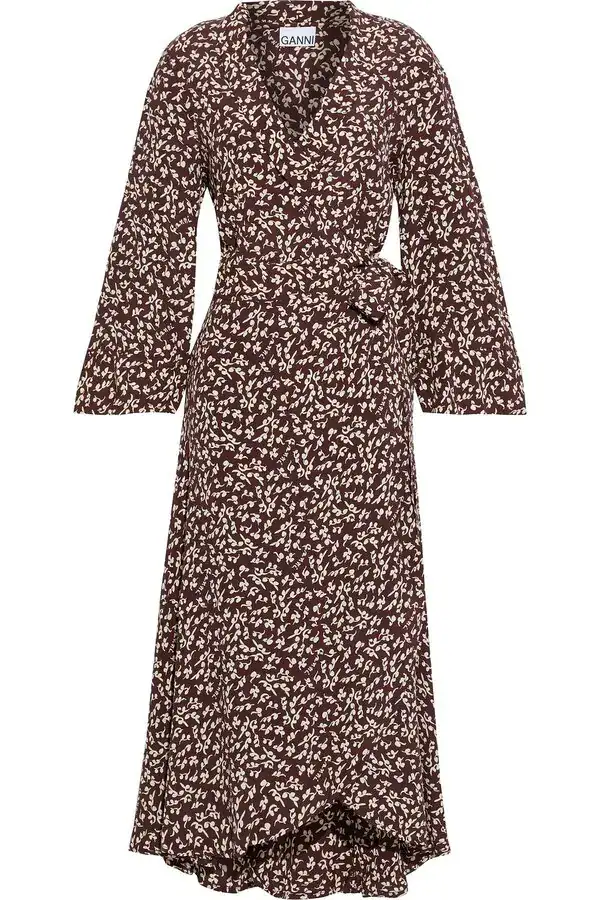 ganni printed crepe maxi dress Ganni Printed Crepe Midi Wrap Dress In Chocolate - 55% Off
