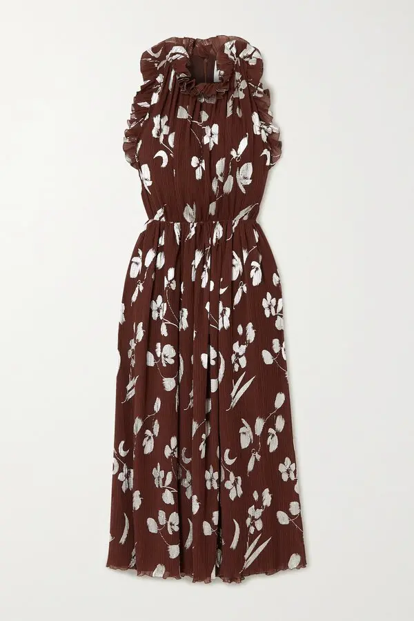 Halpern Ruffled Floral-Print Plissé-Georgette Midi Dress In Brown