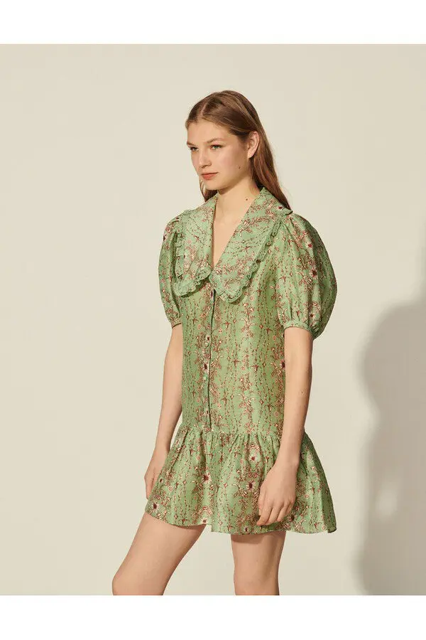 Sandro Short Printed Dress With Collar In Green - 40% Off | Editorialist