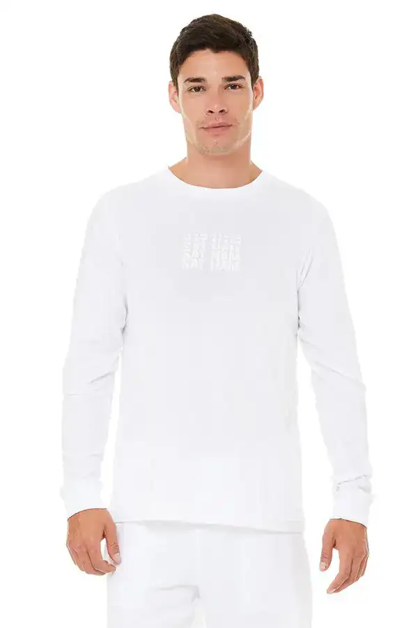 Alo Yoga Sat Nam Long Sleeve T-Shirt In White - 40% Off | Editorialist