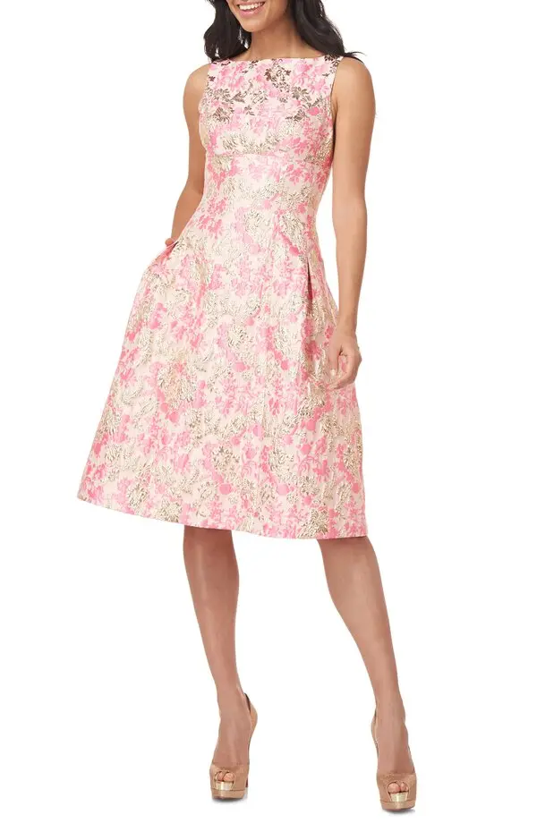 Kay Unger Chelsea Floral Metallic Jacquard A-Line Cocktail Dress - Pink |  Editorialist