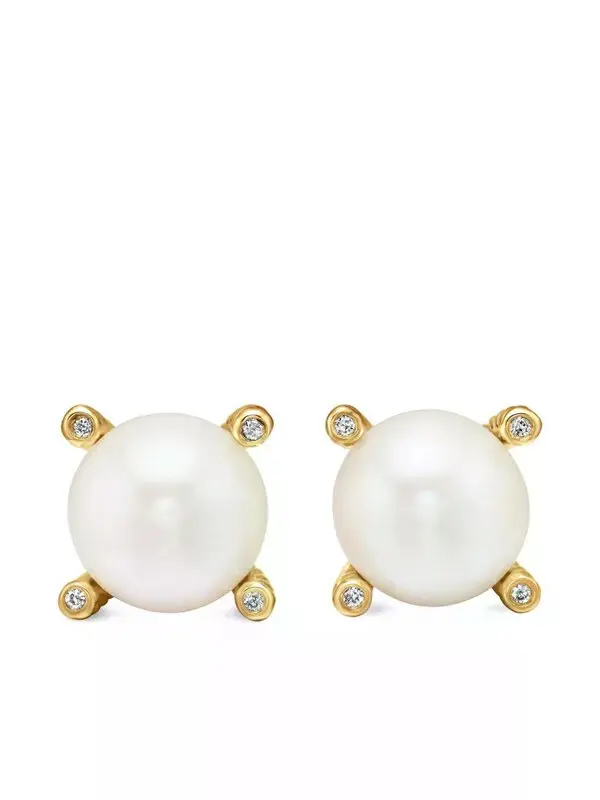 David Yurman 18kt Yellow Gold, Pearl, And Diamond Stud Earrings - White